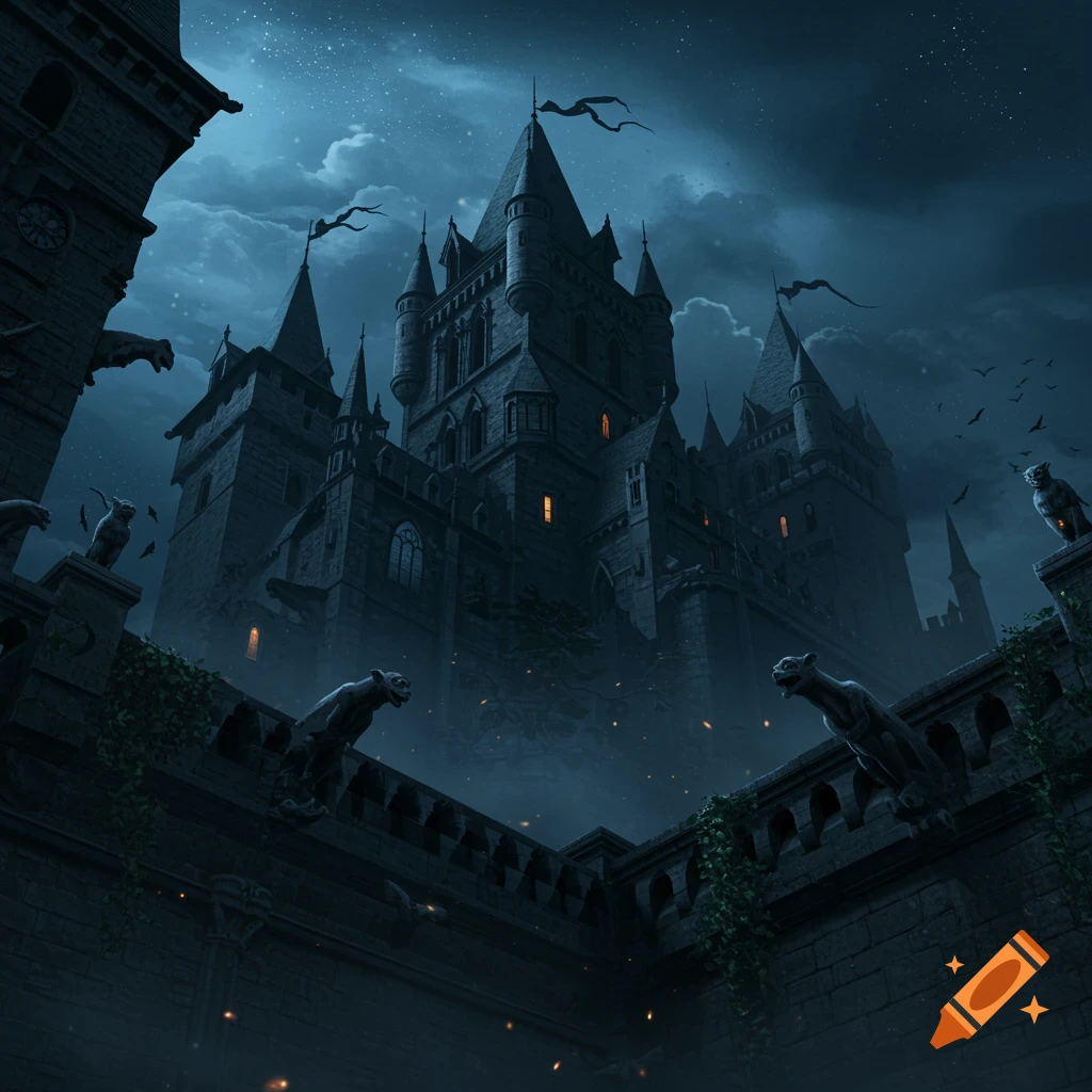 Dark gothic castle with spires and gargoyles under a bright full moon ...