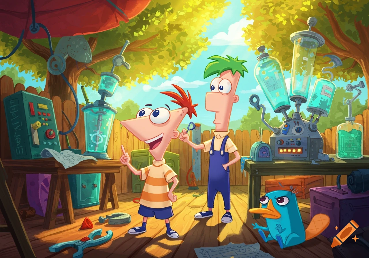 Phineas and Ferb and Perry the Platypus with dreadlocks in a backyard ...