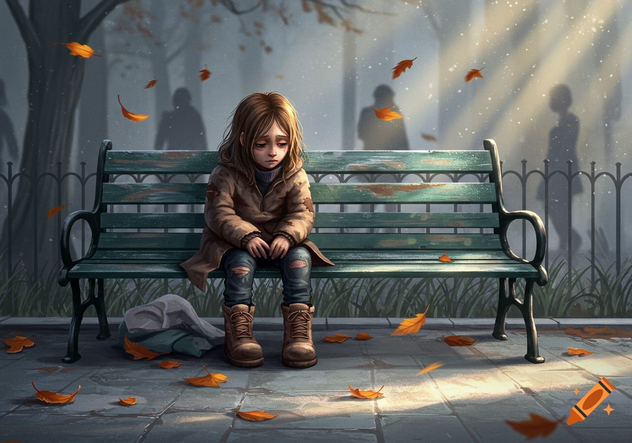 A young boy in a blue jacket stands in a misty forest with melting snow ...