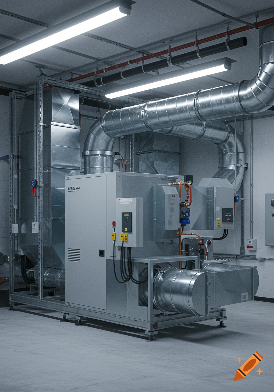A large, modern HVAC package unit with extensive metal ductwork and ...
