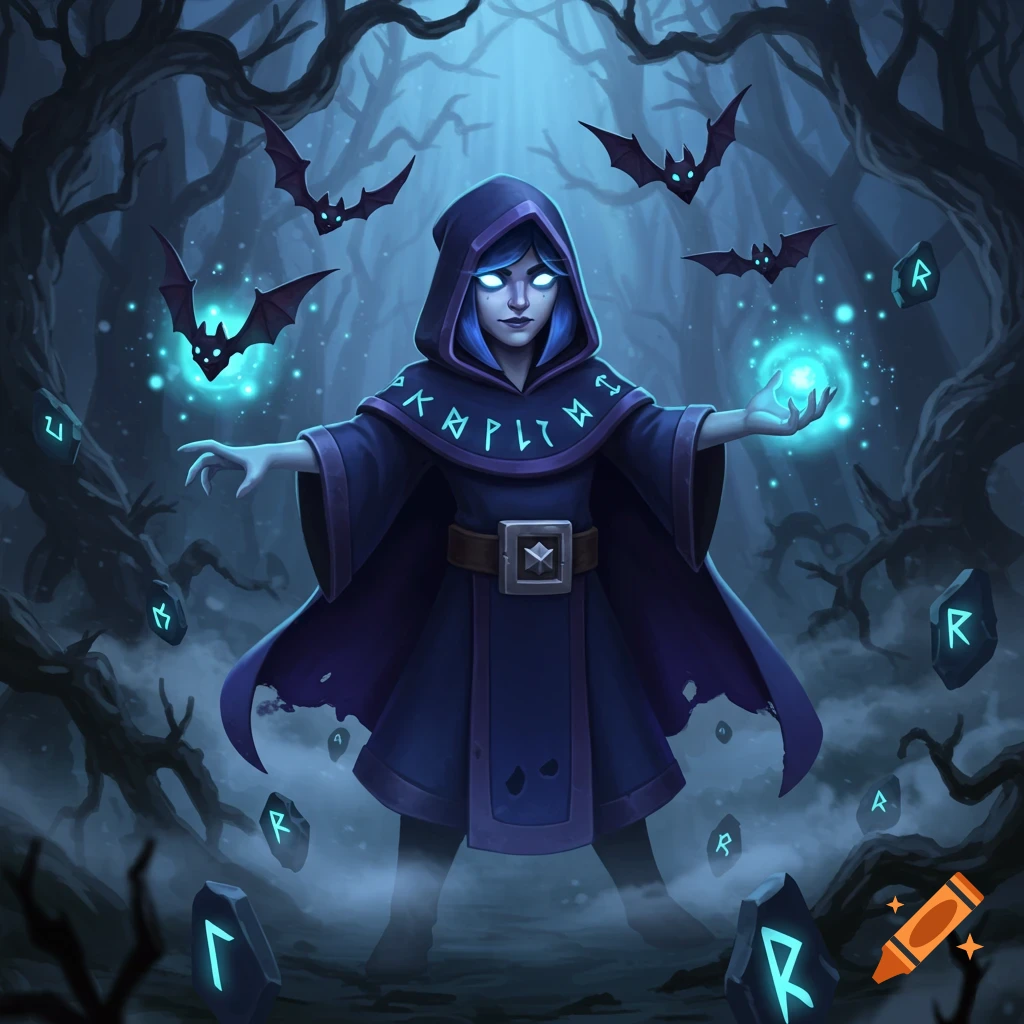 A stylized night witch in a dark forest, surrounded by glowing bats and ...