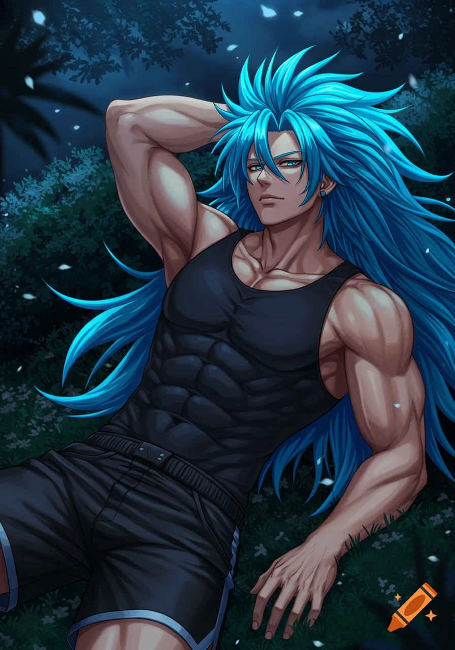 Buff anime male with long blue hair and glowing eyes lying on the grass ...