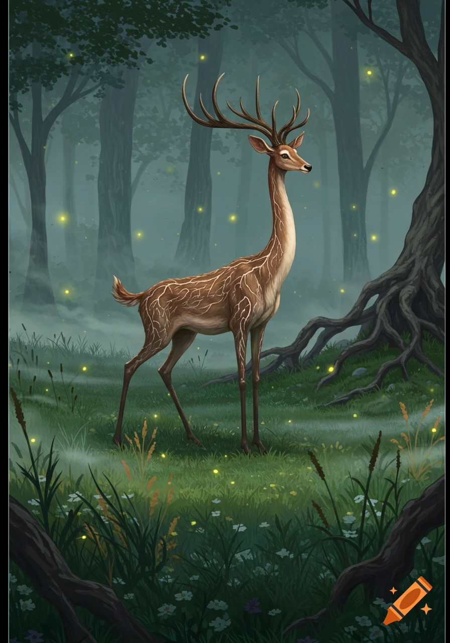 A long-necked deer with branching patterns on its fur stands in a misty, dark forest with ...