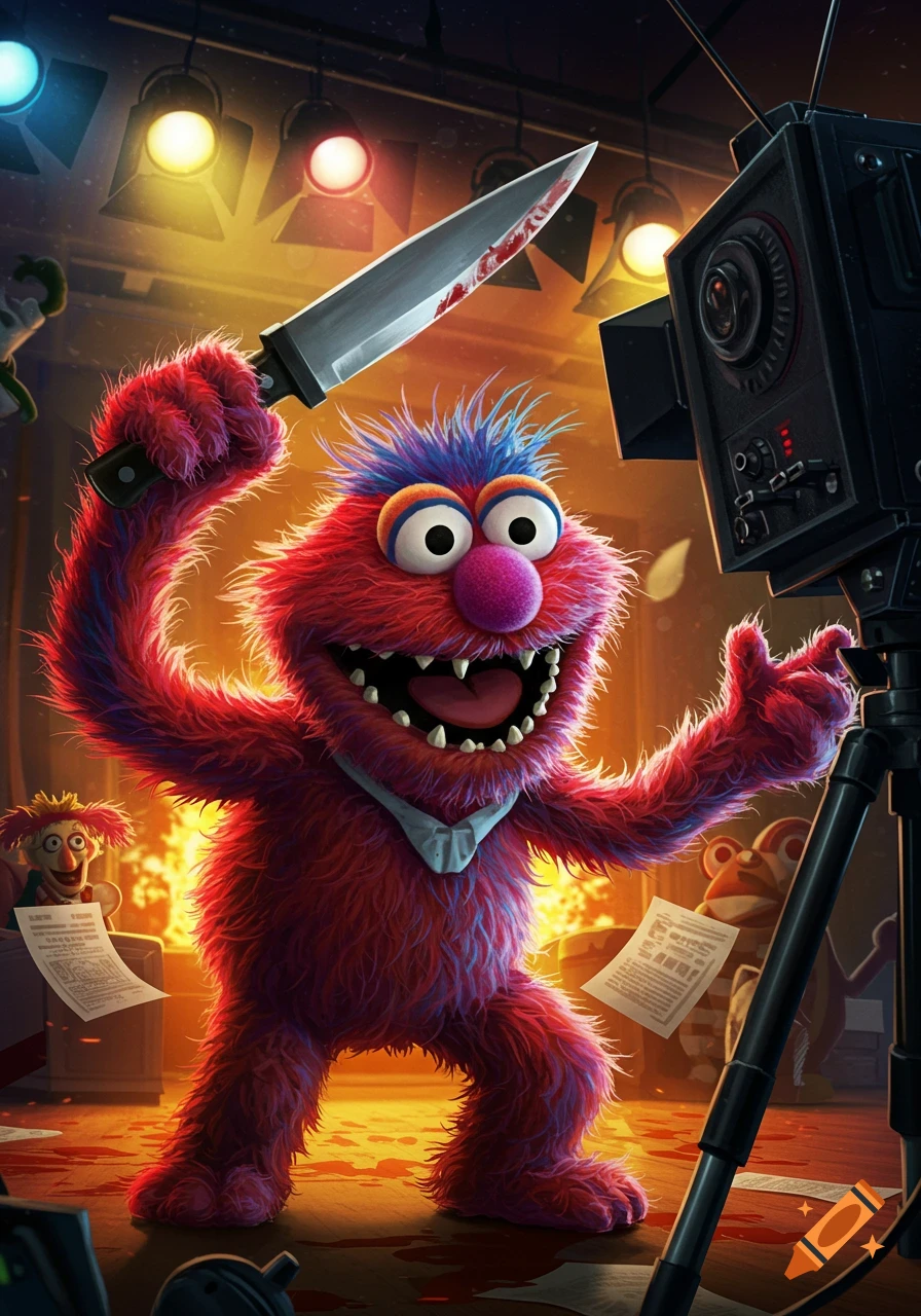 A furry red monster puppet with blue and purple hair holds a bloody ...