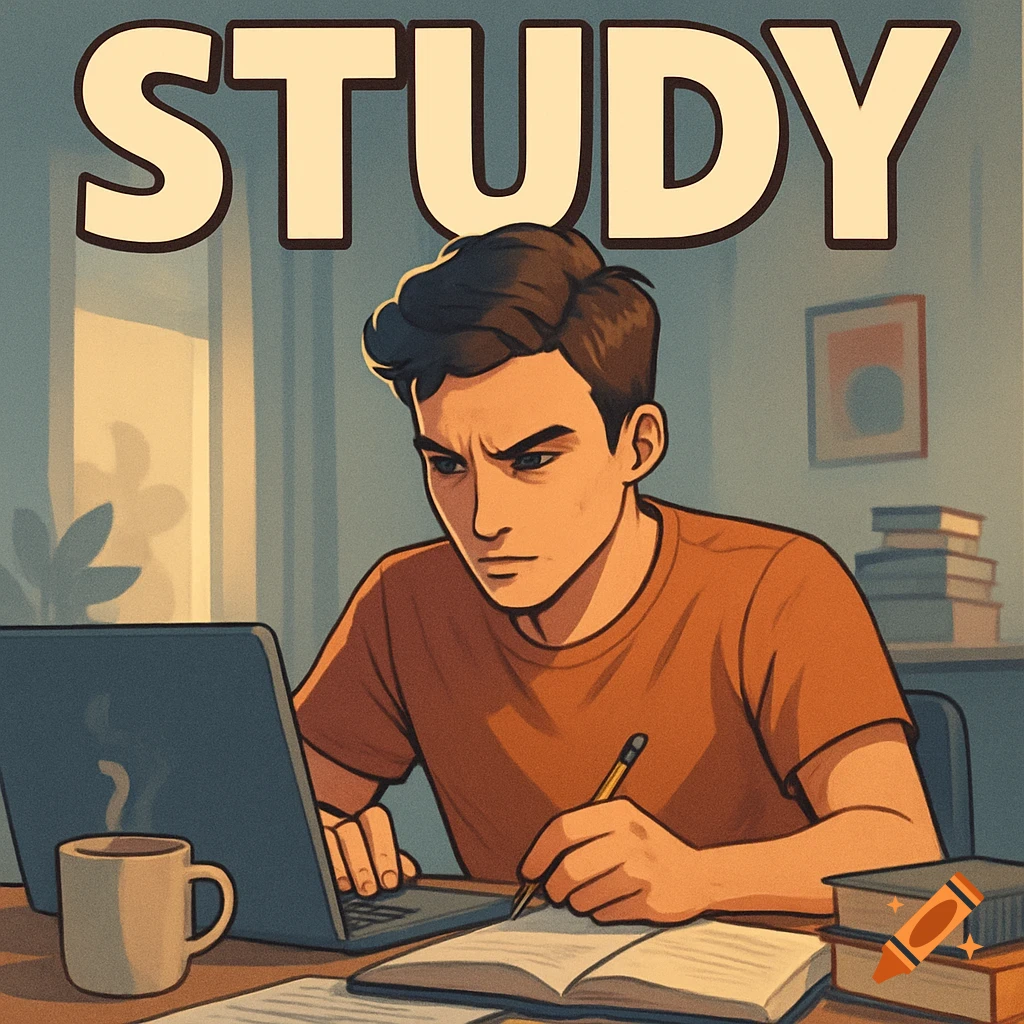 A 2D cartoon of a young Black man sitting at a desk with books and an open notebook, studying ...
