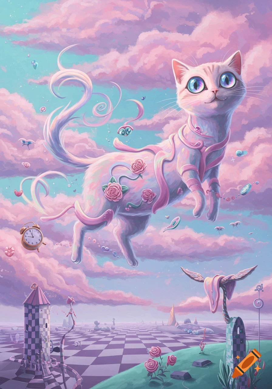 A whimsical, light pink cat floats among pink clouds above a ...