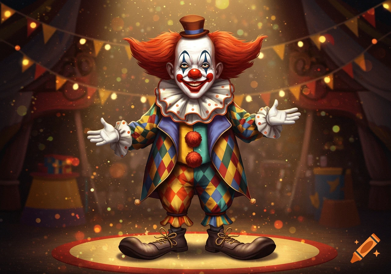 Pennywise the clown stands in a rainy cobblestone street, holding red ...