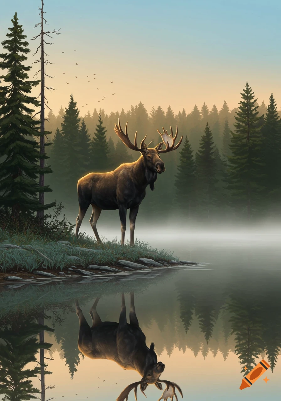 A beaver and a bear cub sit by a campfire and tent at a lakeside ...