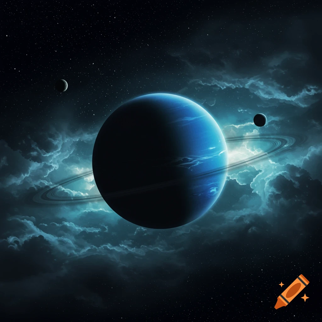 A teal planet with glowing blue and orange rings sits on a textured ...