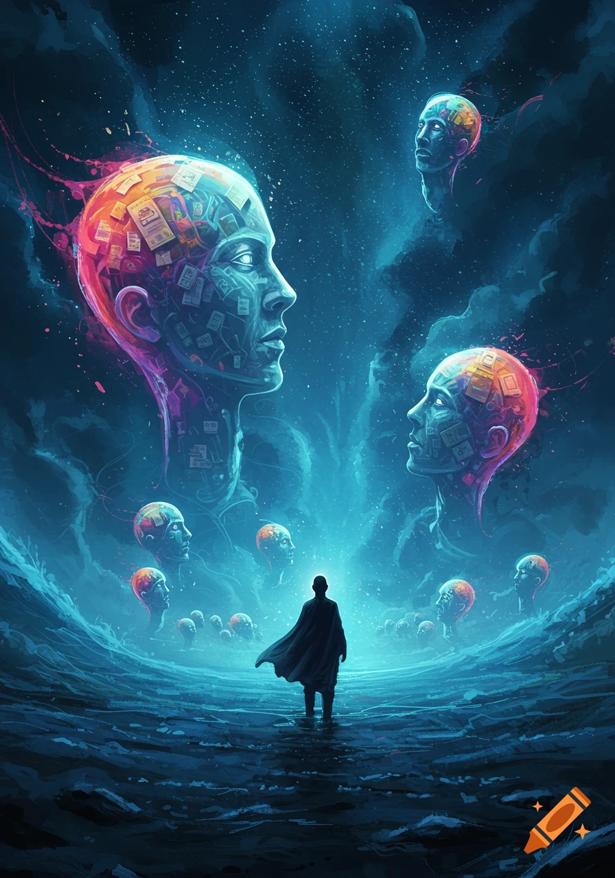 Multiple pale blue, ethereal faces with white eyes float amidst ...