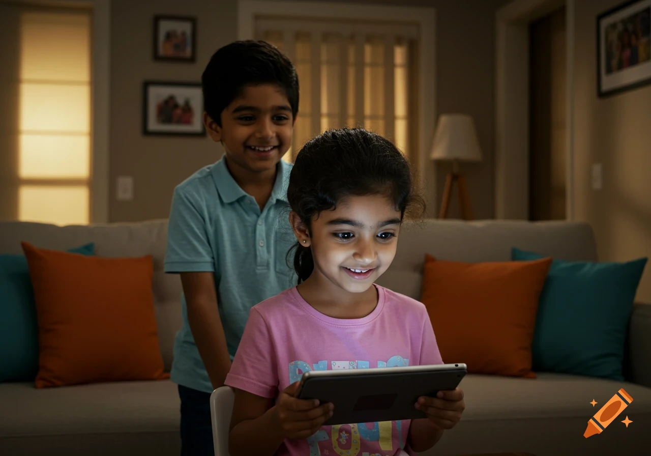 Two smiling children, a girl and a boy, look at a glowing tablet screen ...