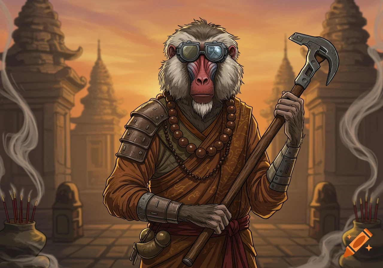 A detailed drawing of a baboon warrior-monk wearing techno-goggles and ...