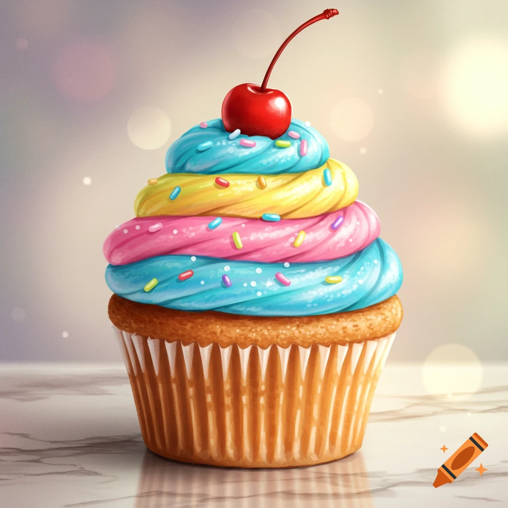 A colorful cupcake with blue, yellow, and pink frosting layers topped ...