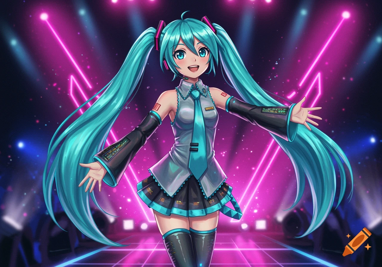 Hatsune Miku, an anime character, performs on a vibrant neon-lit stage ...