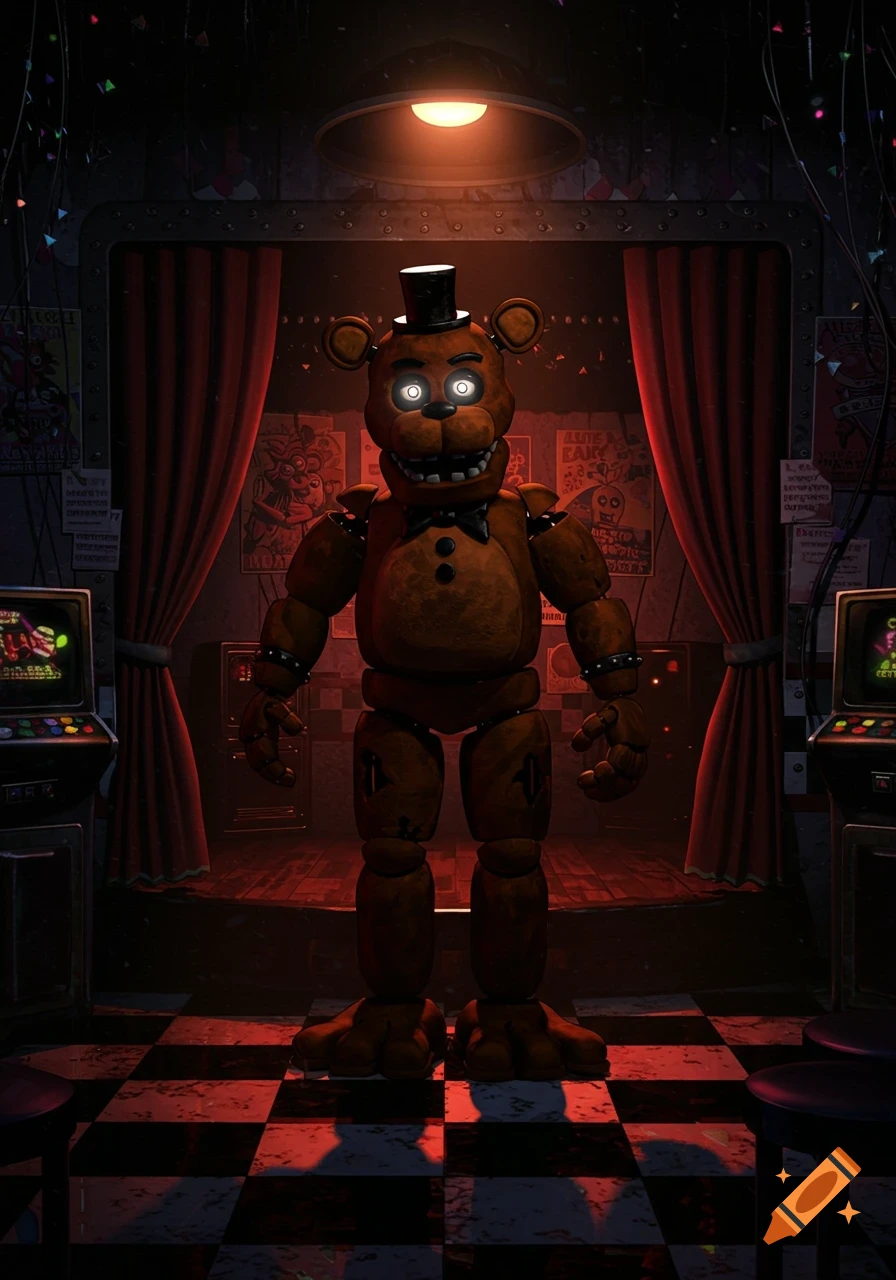 Worn-out Freddy Fazbear animatronic with glowing eyes stands on a dimly ...
