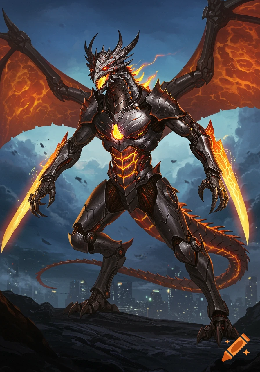 Powerful armored dragon-like mecha with glowing orange elements and ...