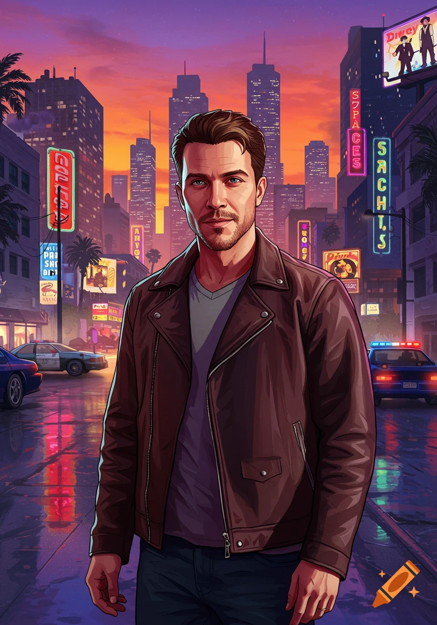 Stylized portrait of a scruffy man in a leather jacket against a neon ...