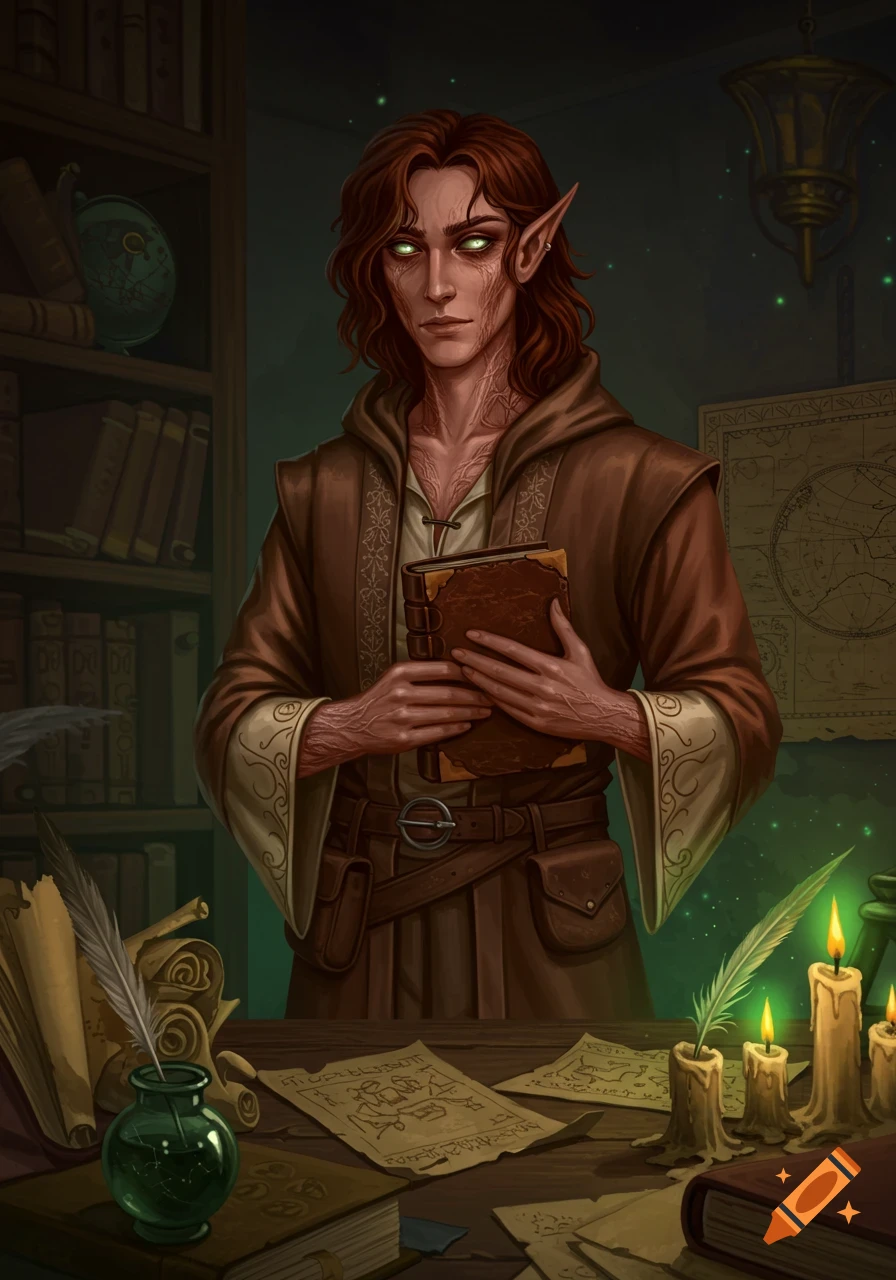 A long-haired, pale-skinned male elf with glowing green eyes and faint ...