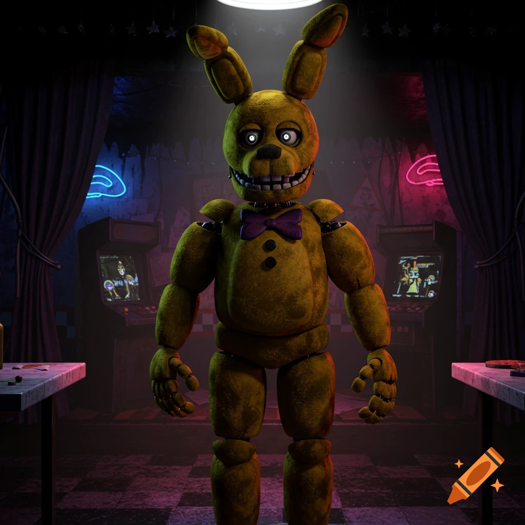 A menacing, moss-green animatronic rabbit with glowing white eyes ...