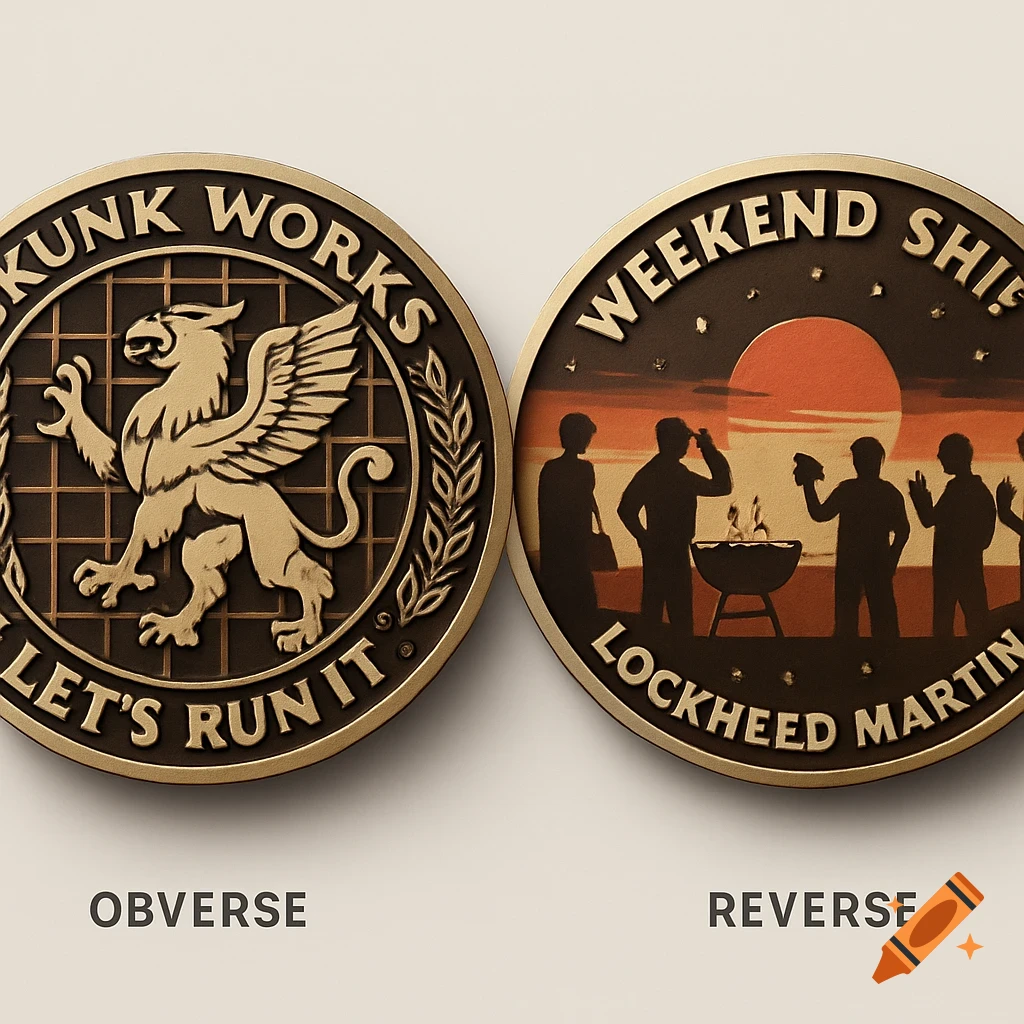 Close-up of a bronze challenge coin showing two sides. One side ...