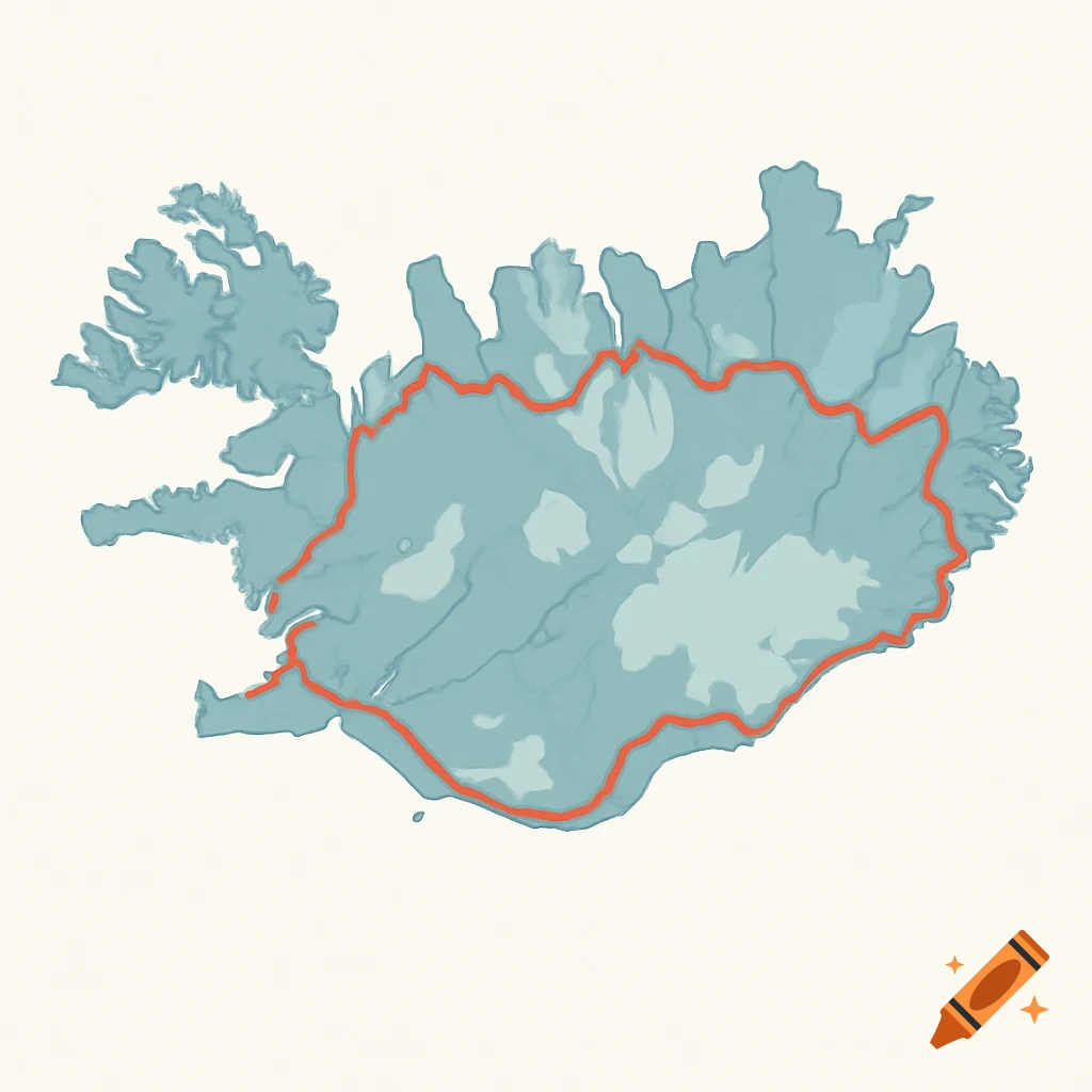 Stylized map of Iceland with a red highlighted ring road. on Craiyon