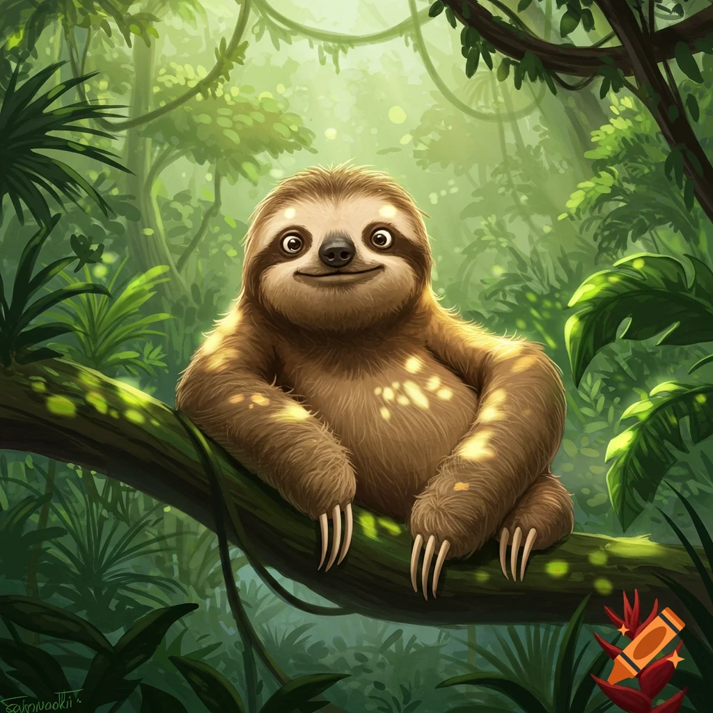 A smiling cartoon sloth holds a colorful kettlebell overhead in a lush ...