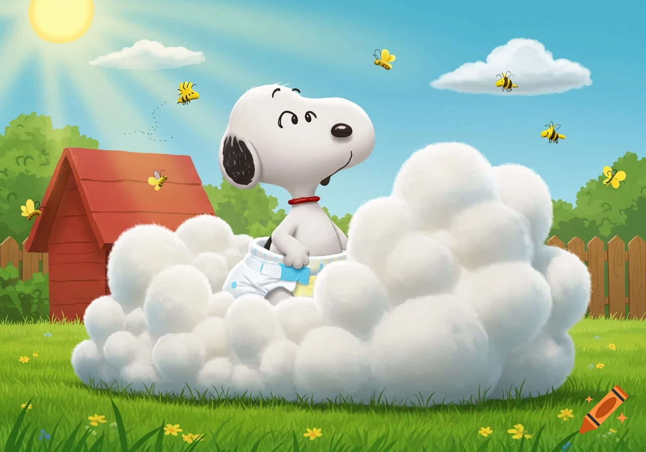 A cheerful cartoon Snoopy, wearing a large white diaper, stands in a ...