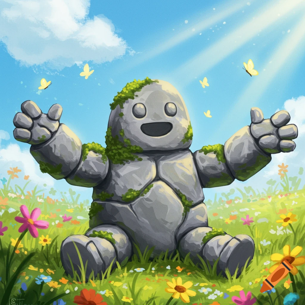 A cute, smiling cartoon rock character covered in moss sits in a ...