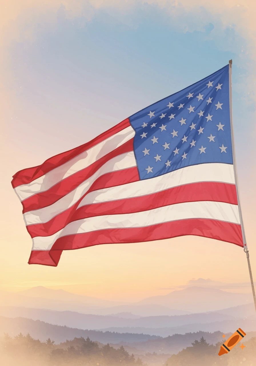 An American flag waves against a gradient sky with distant mountains ...