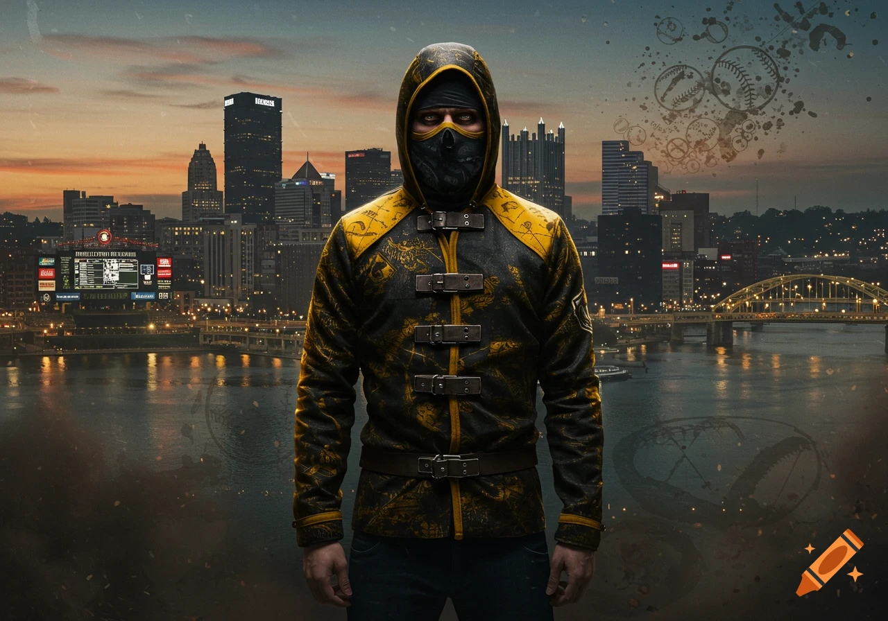 A mysterious figure in a hooded, yellow and black jacket with buckles ...