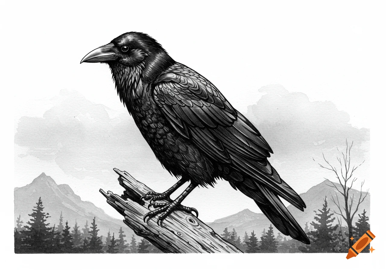 Black and white ink drawing of a crow perched on a tree branch with ...