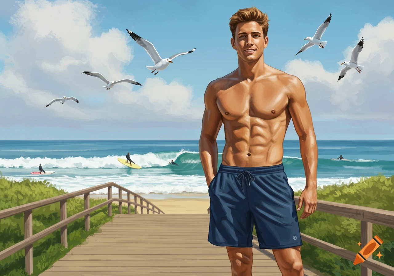 A muscular man in blue swim shorts stands on a sandy beach by a ...