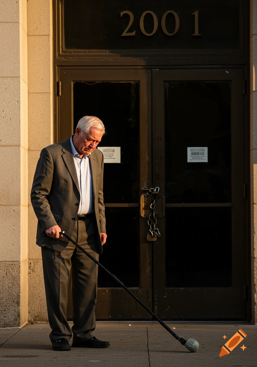 An elderly man in a suit with a slumped posture holds a microphone ...