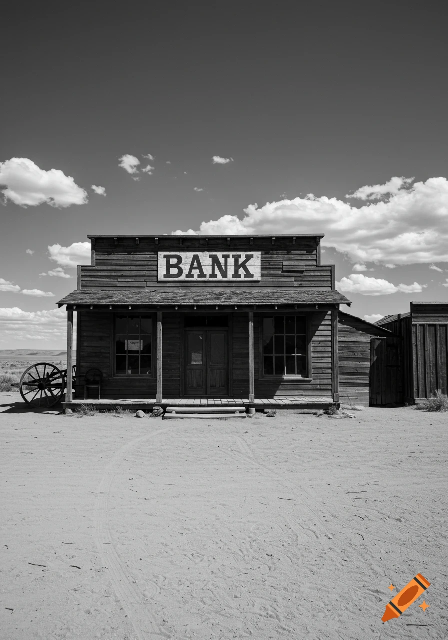 A black and white photograph of an old wooden western bank building ...