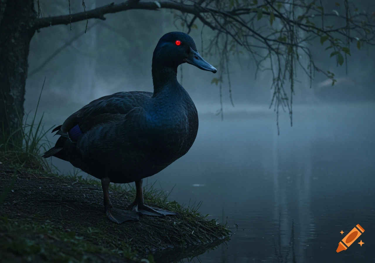 A photorealistic black duck with glowing red eyes stands at the edge of ...