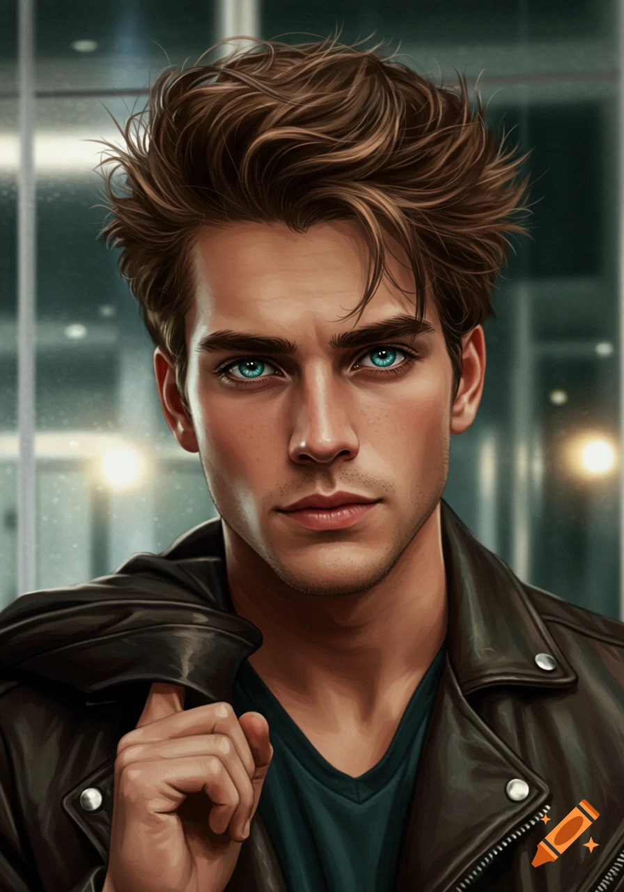 A handsome man with short dark brown hair, bright blue eyes, and battle ...