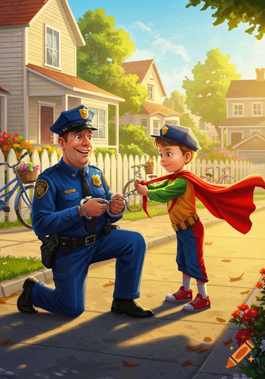 A smiling police officer kneels on a suburban sidewalk, pretending to ...