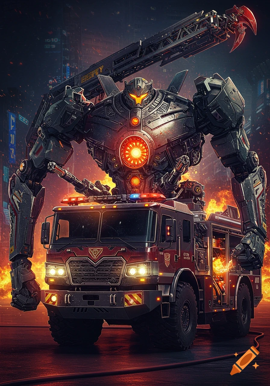 A large, metallic sci-fi robot with a glowing orange core standing over ...