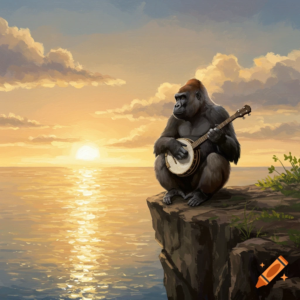 Impressionist painting of a gorilla playing a banjo on a cliff ...