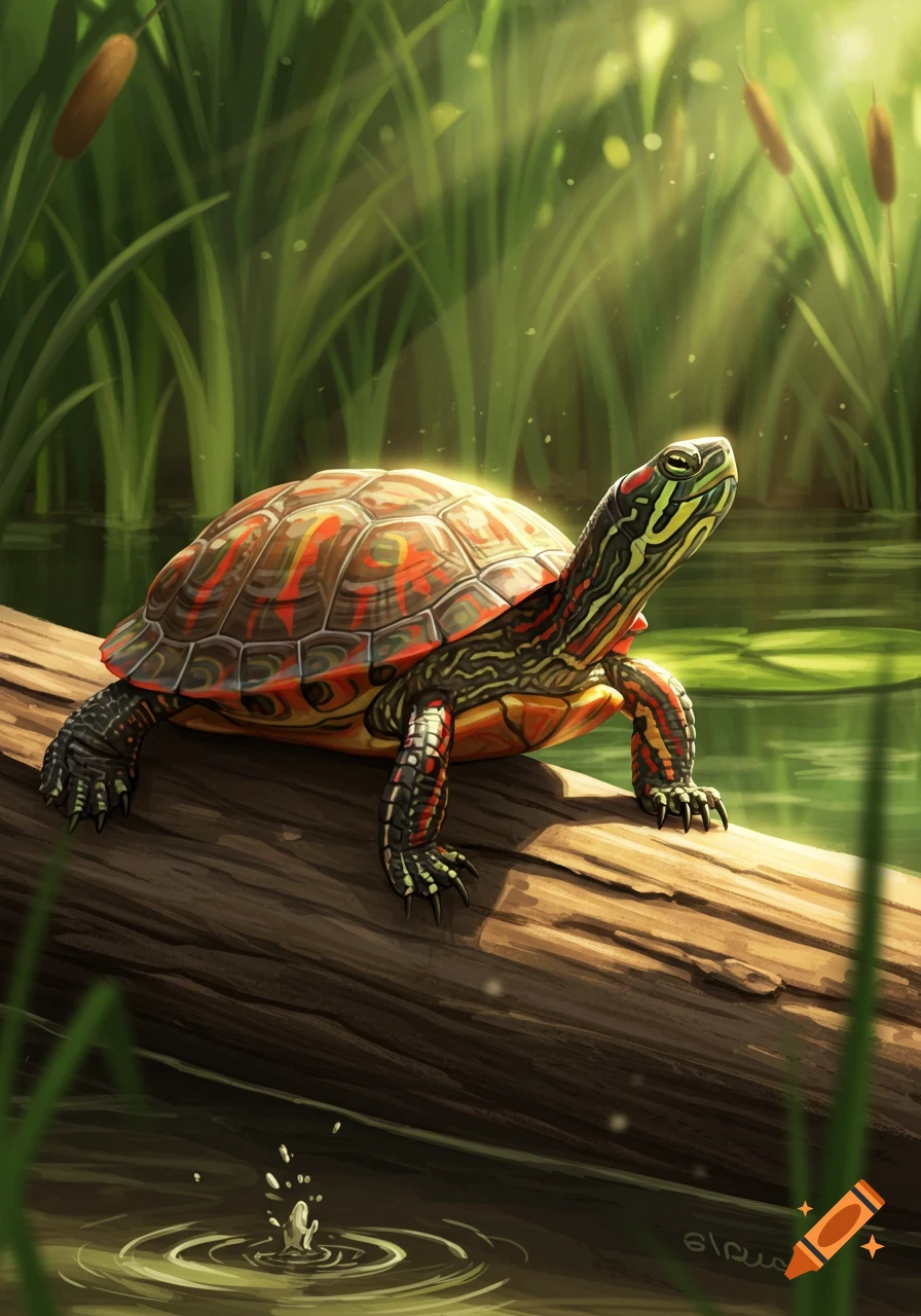 A painted turtle basking on a sunlit log in a lush, green swamp. on Craiyon