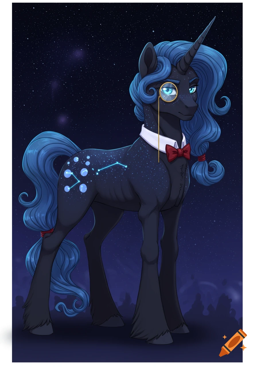 A dark unicorn with blue curly hair, a monocle, and a red bow tie ...