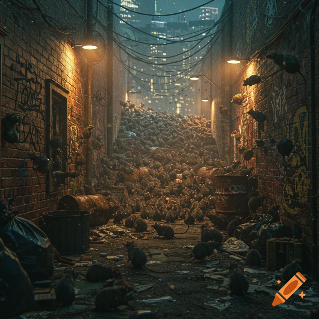 A dark, grimy city alleyway at night, overflowing with a massive ...