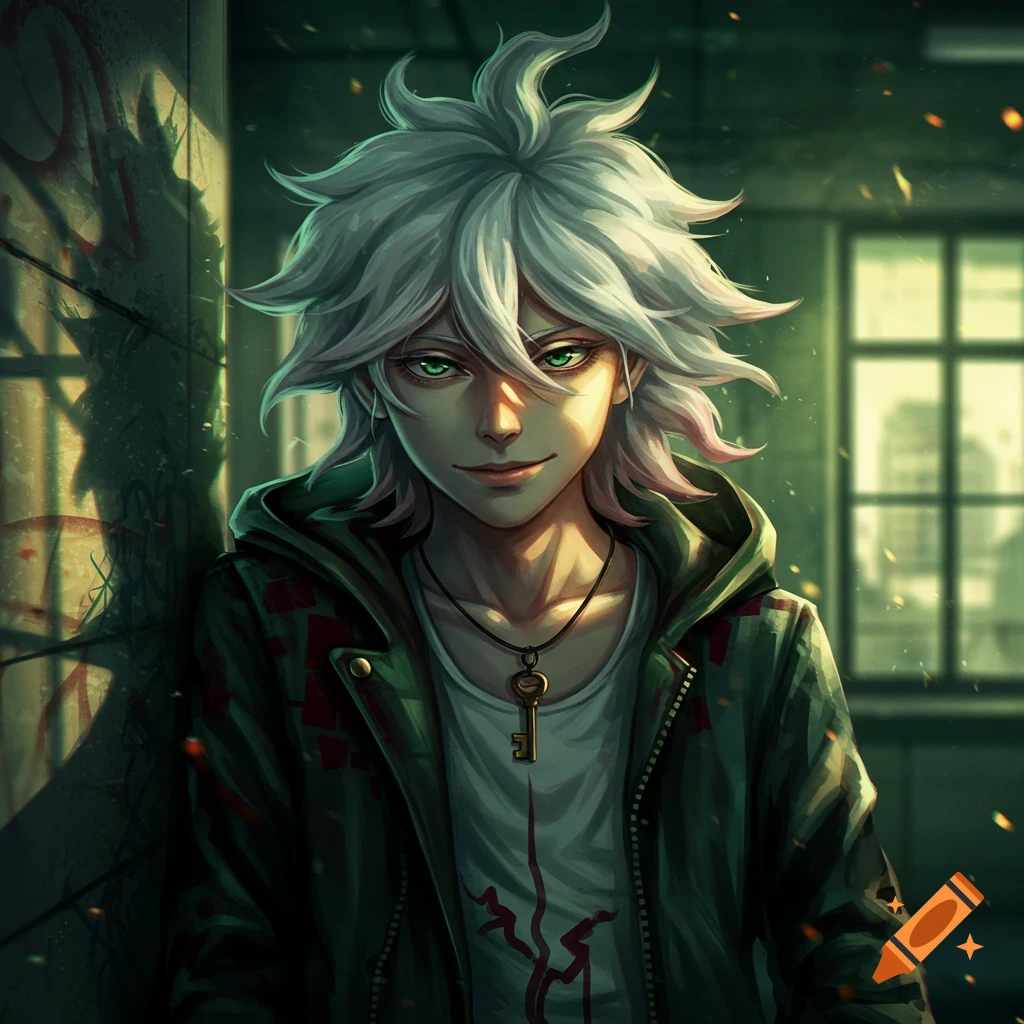 Digital art portrait of an anime boy with white spiky hair and green ...