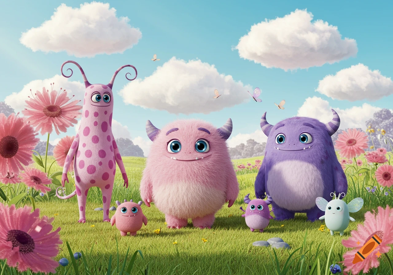 A grinning, fluffy purple cartoon monster with large beige horns and a ...