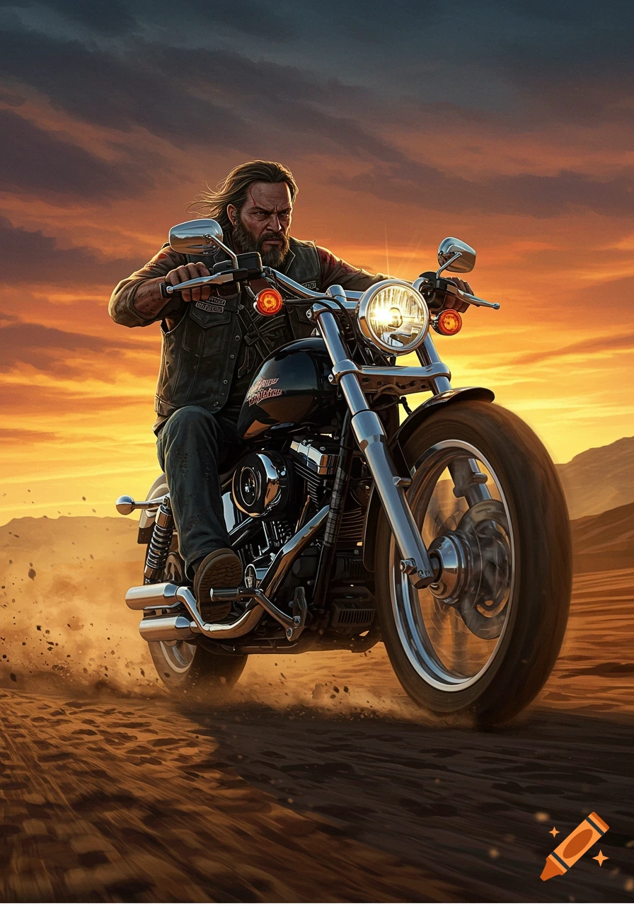A man on a red Triumph motorcycle rides through a dusty desert ...