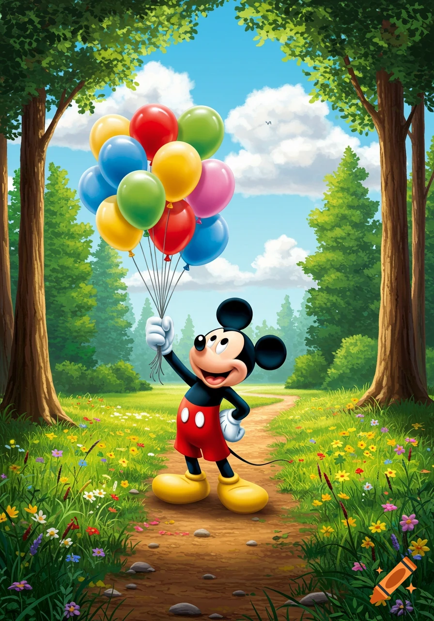 Cartoon Mickey Mouse holds a red umbrella on a winding path through a ...