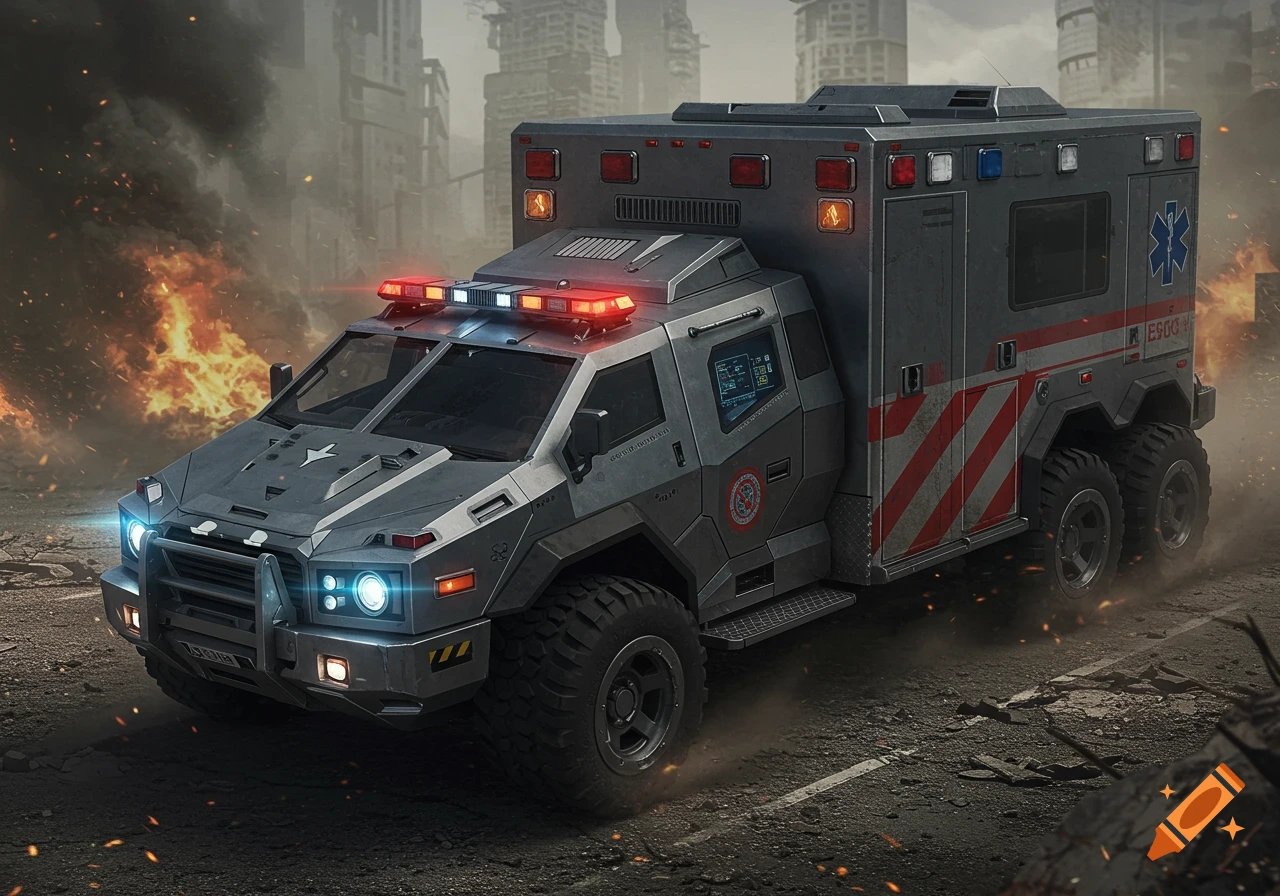 A heavily armored, rusty military garbage truck drives through a post ...