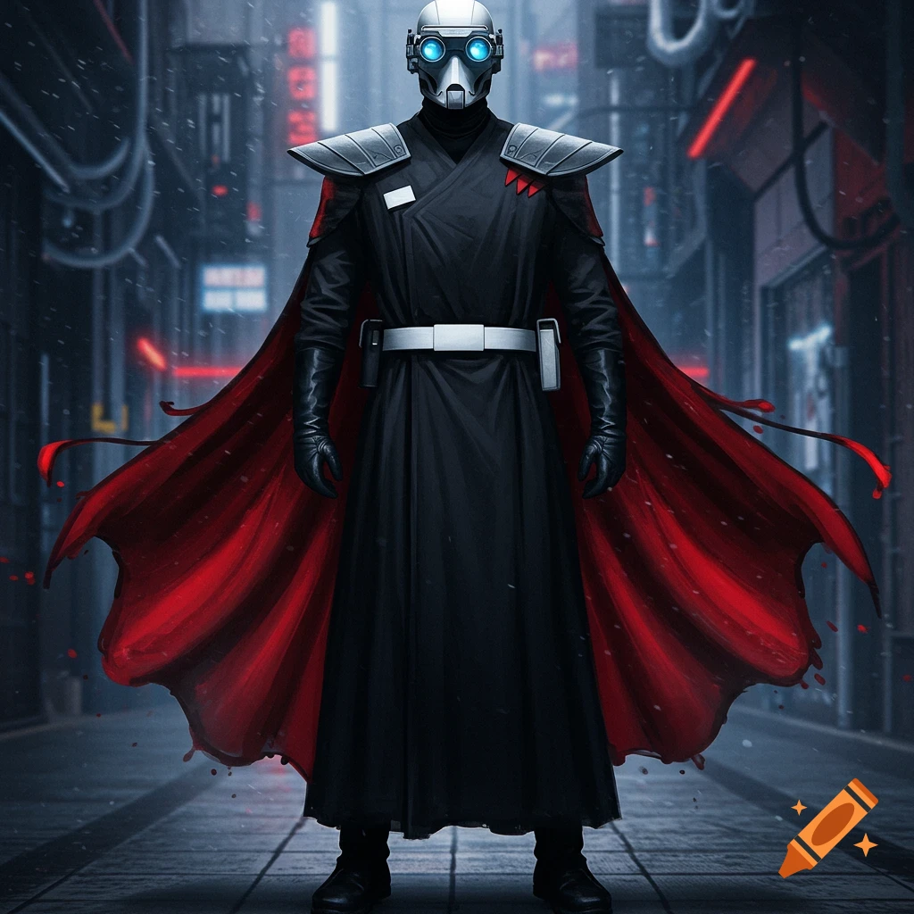 A masked figure in a black robe and a flowing red cape stands in a ...