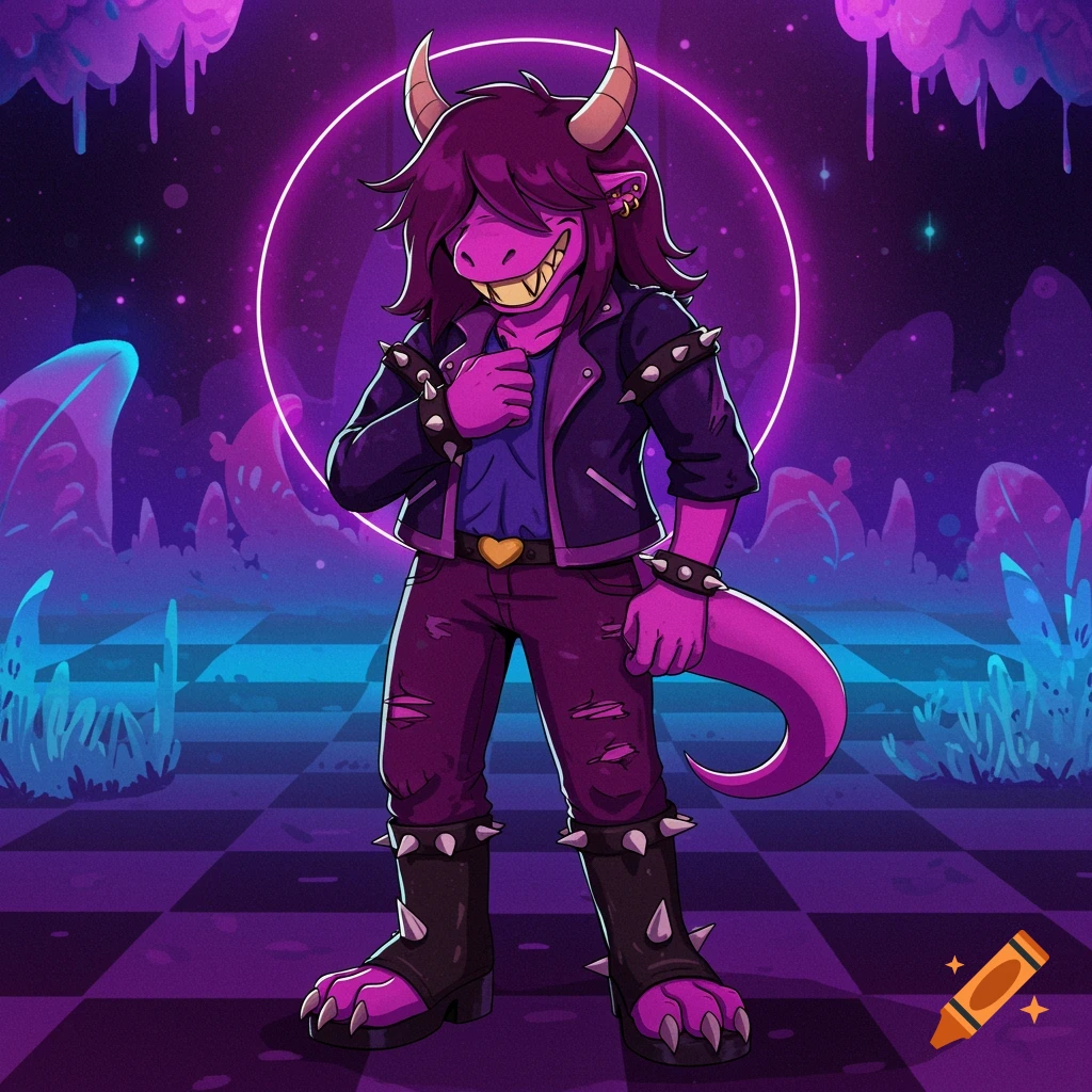Susie from Deltarune in punk attire standing in a vibrant neon ...