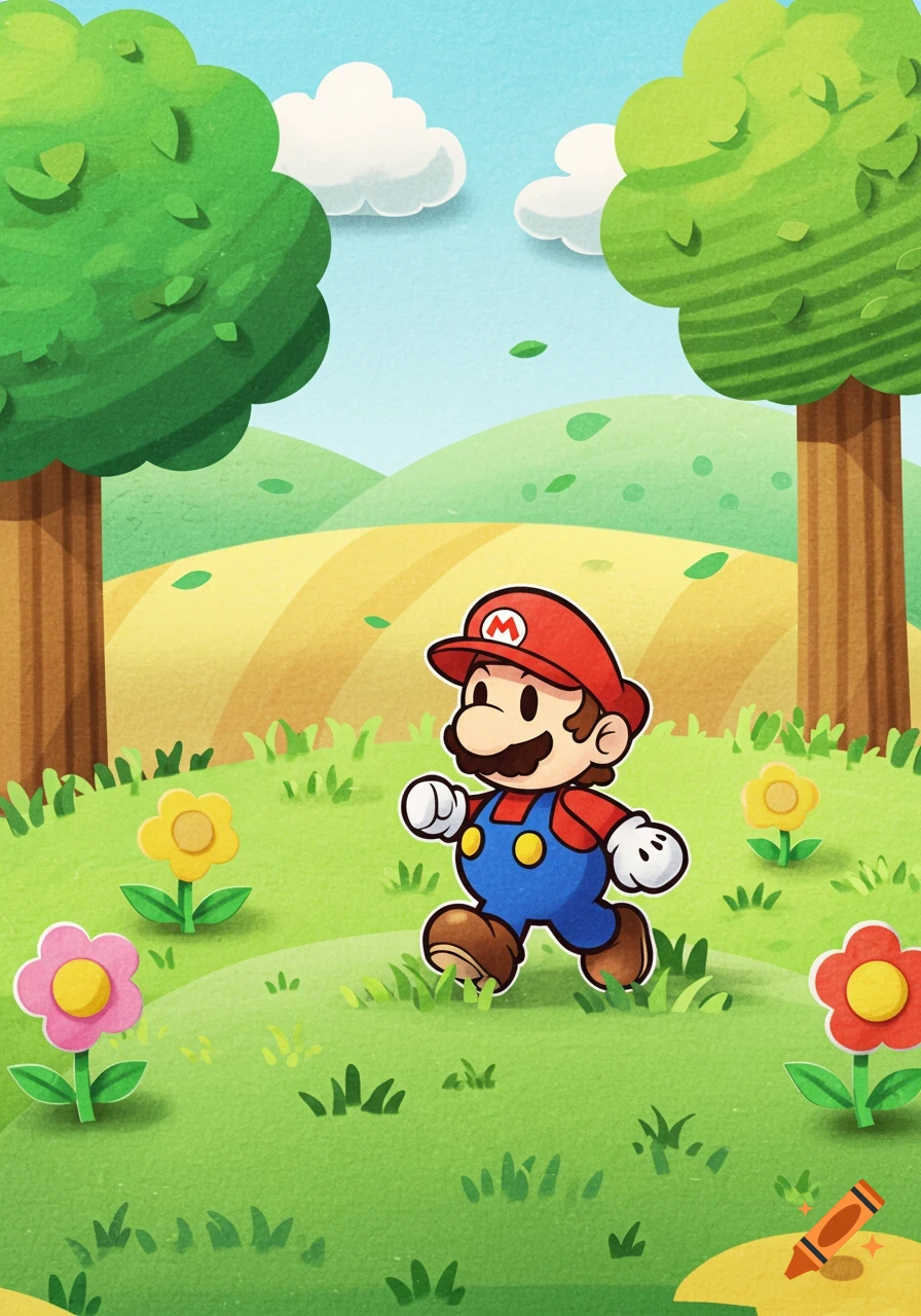 Paper Mario walks through a bright green field with trees, hills, and ...